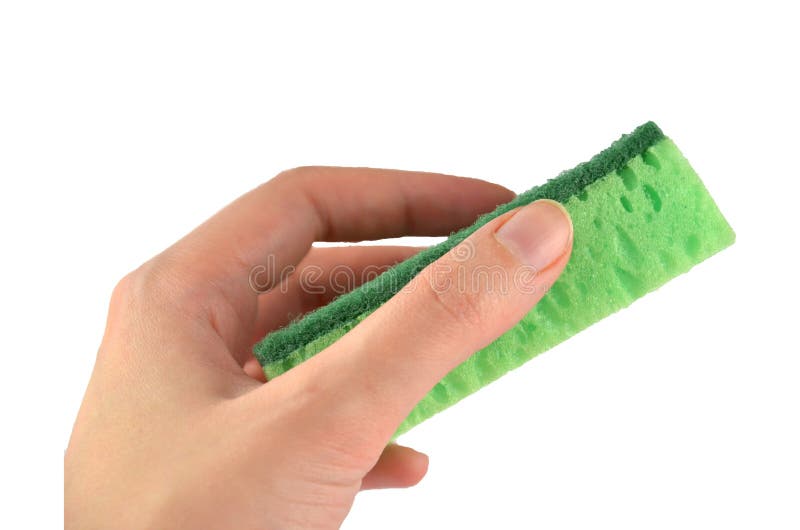 Green Washing Sponge for Dishes in a Hand Isolated, Side View Closeup ...