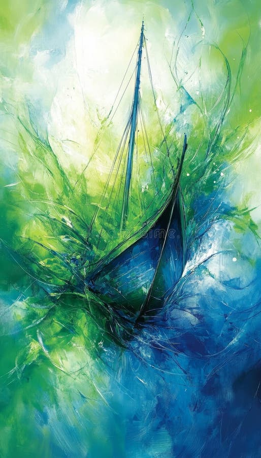 Green Waves Engulf a Ship Abstract, Green and Blue Transportation and ...