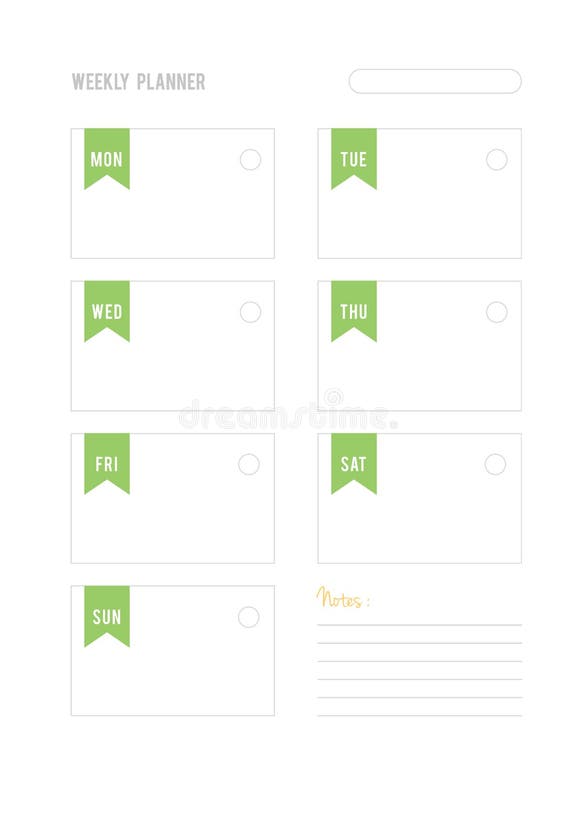 Green Weekly Planner with Notes. Printable Template. Vector ...