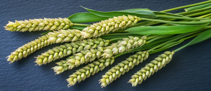 Green Wheat Spikelets with Leaves Against a Dark Textured Background ...