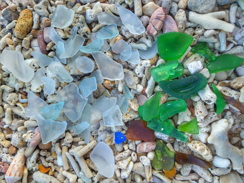 Green White Glass Shards on the Beach Stock Photo - Image of pond ...