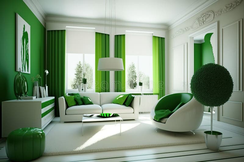 Green and White Interior Design. Generative Ai Stock Illustration ...