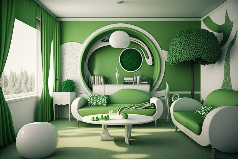Green and White Interior Design. Generative Ai Stock Illustration ...