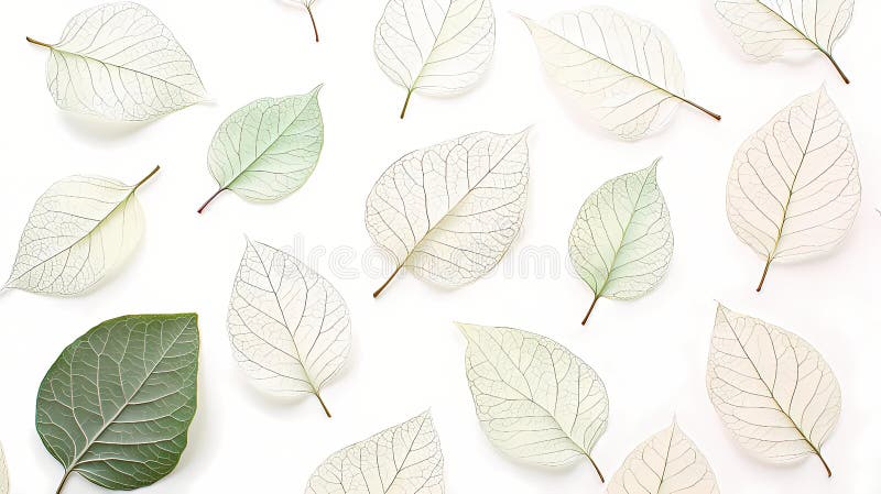 Green and White Skeleton Leaves Arranged on White Background Stock ...