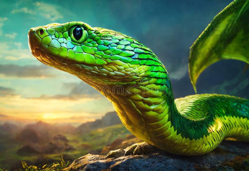 Green Winged Snake Dragon on Rocks in the Highlands Stock Illustration ...
