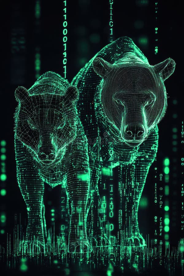 Green Wireframe Illustration of a Bull and Bear Signifying the Stock ...