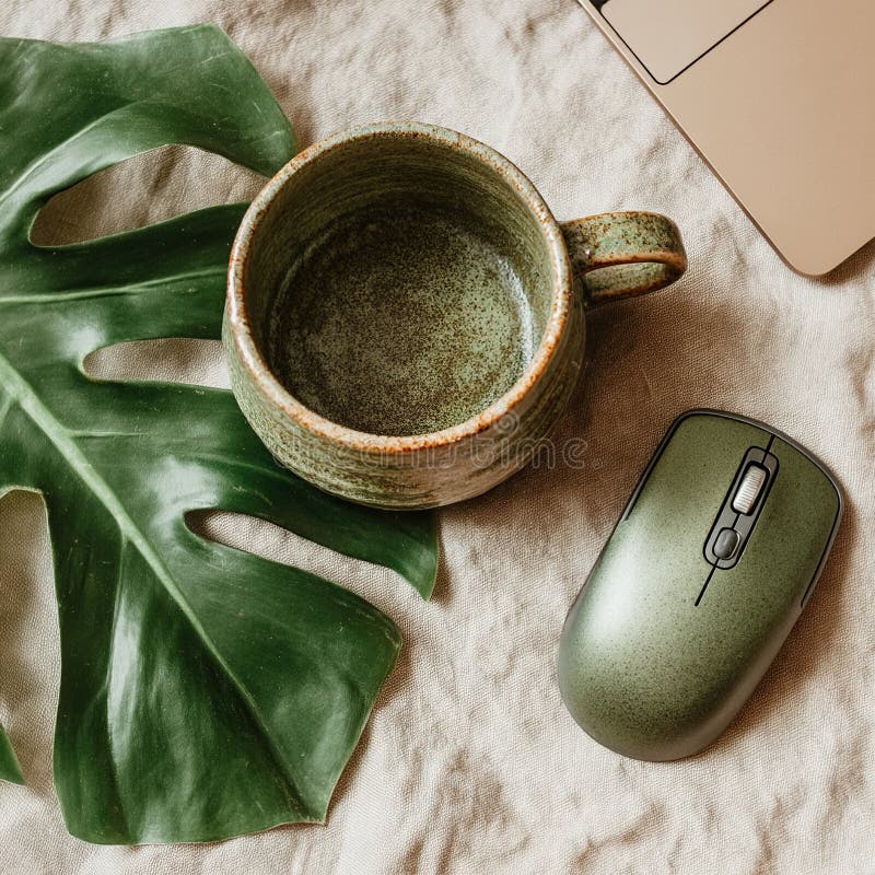 A Green Wireless Mouse Rests Near a Monstera Leaf on a Textured Beige ...