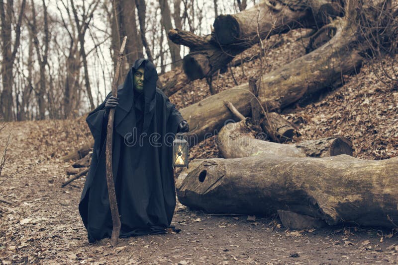 The Green Witch in the Autumn Forest Stock Image - Image of enchanter ...