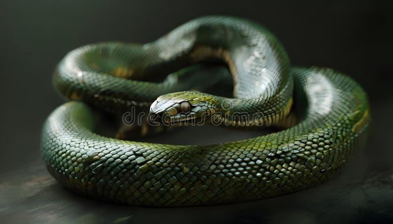 Green Wooden Snake Coiled on Dark Surface, Detailed Texture Stock ...