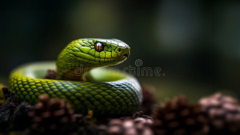 A Green Snake Winding through Pine Cones in a Rustic Natural Setting ...