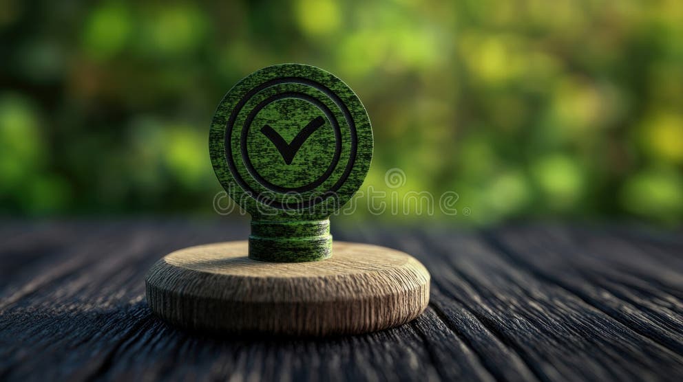 Green Wooden Stamp with a Check Mark on a Wooden Table Stock ...