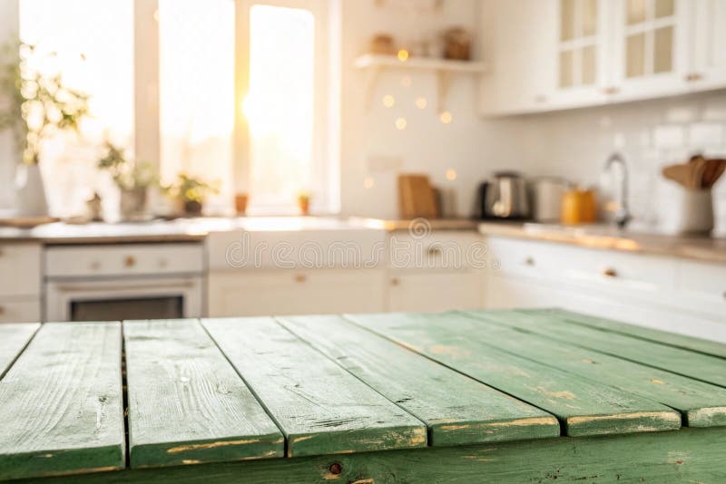 Green Wooden Table with Blurred Kitchen Background Stock Illustration ...