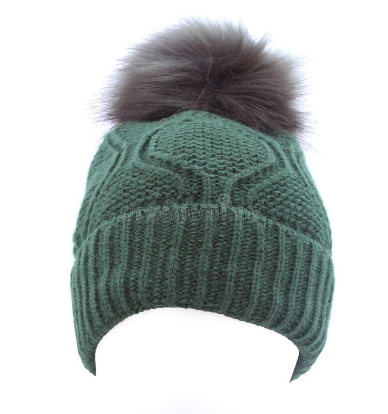 Green Woolen Winter Cap Hat with a Pompon Isolated on White Stock Image ...
