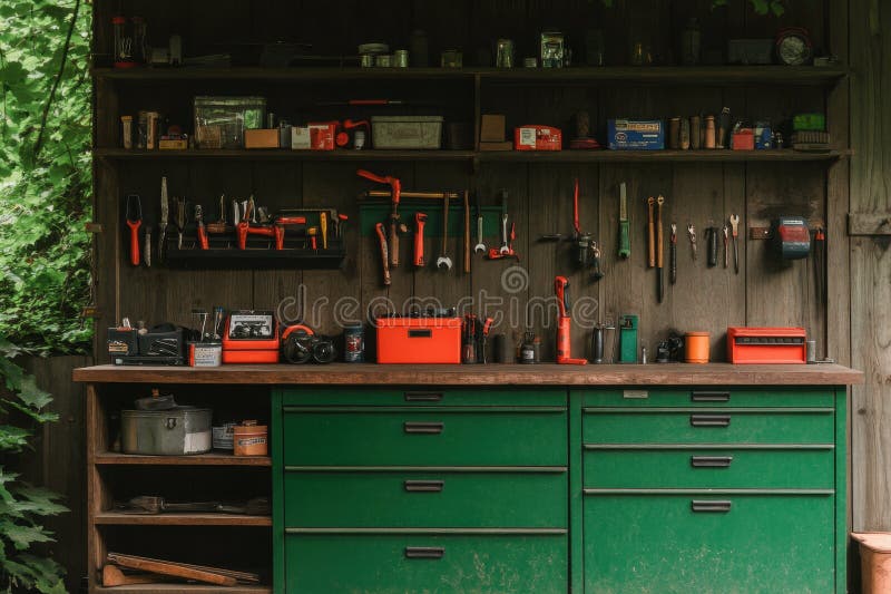 A Green Workbench with Tools and Supplies on it Stock Photo - Image of ...