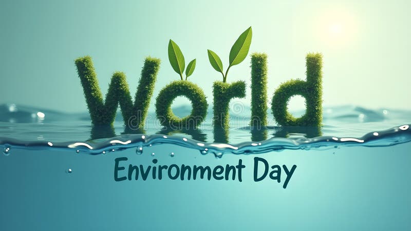 Green World Environment Day Text Emerging from Water Surface ...