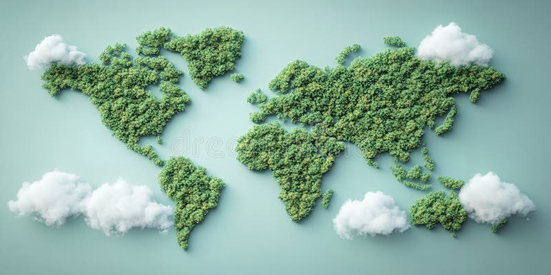 Green World Map with Clouds Stock Illustration - Illustration of fresh ...