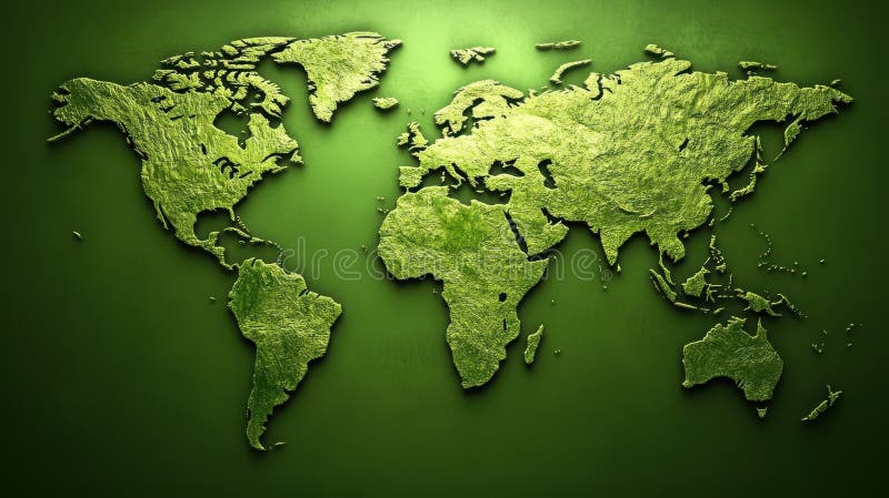 Green World Map Embossed on Textured Surface. Concept of Global ...