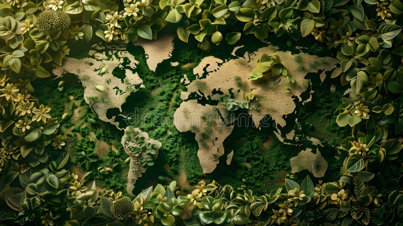 Green World Map Illustration with Lush Foliage Stock Illustration ...