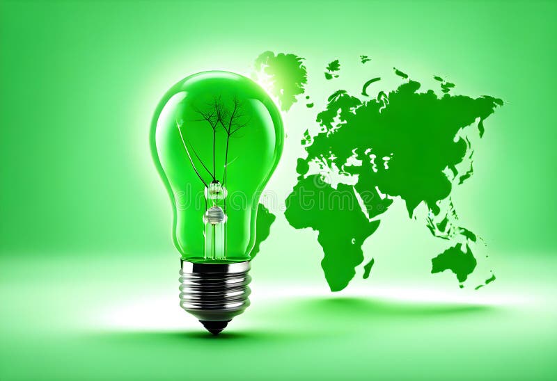 Green World Map on the Light Bulb with Green Background Stock ...