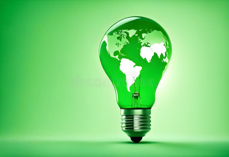 Green World Map on the Light Bulb with Green Background Stock ...