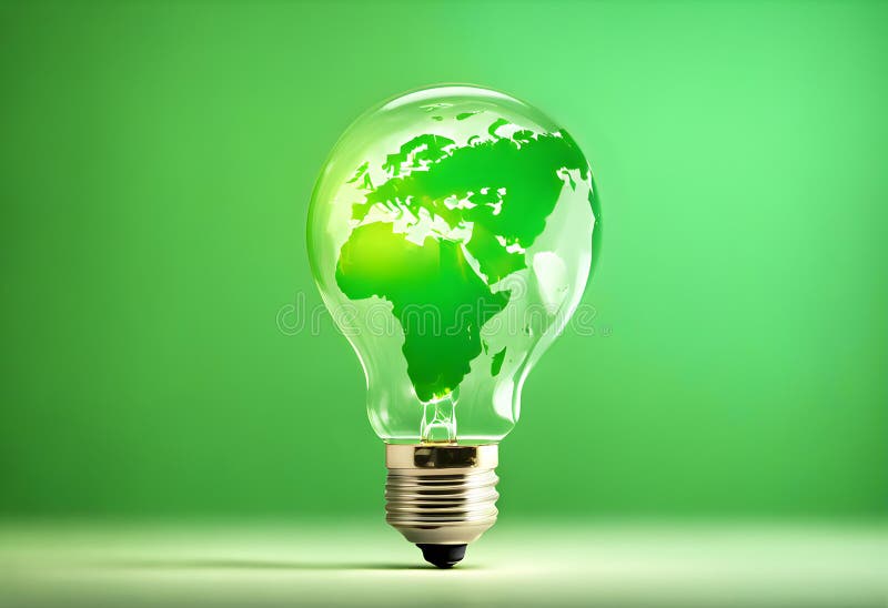 Green World Map on the Light Bulb with Green Background Stock ...