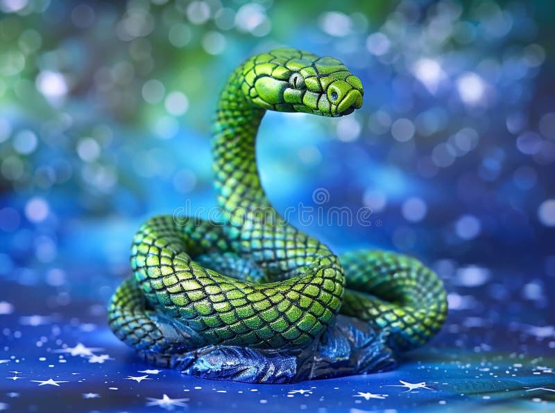 A Green Writhing Snake on Festive Blue Background with Bright Bokeh ...