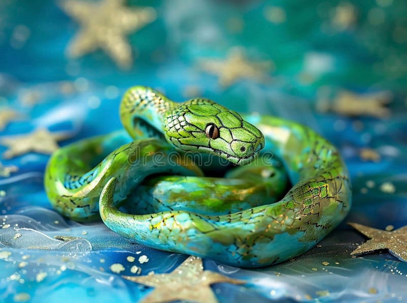 A Green Writhing Snake on Festive Blue Background with Bright Bokeh ...