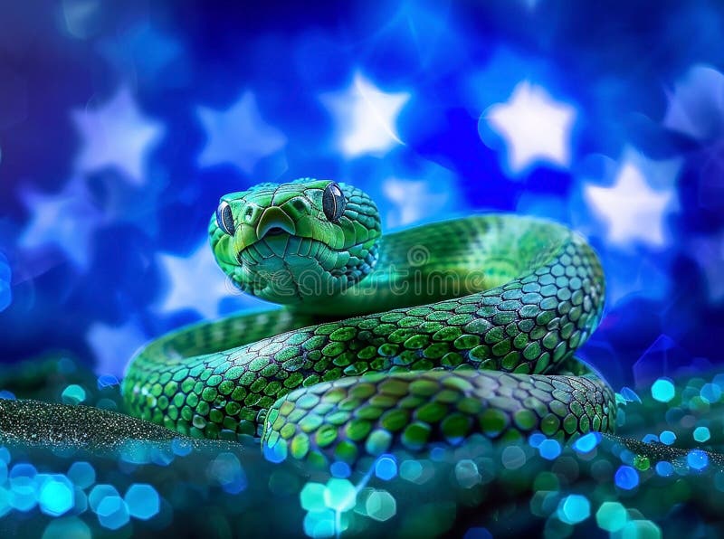 A Green Writhing Snake on Festive Blue Background with Bright Bokeh ...