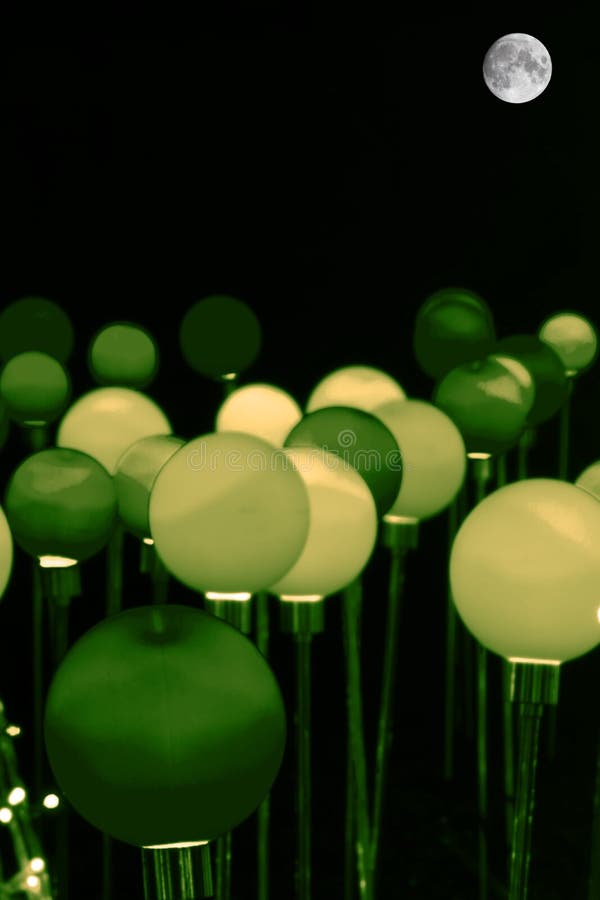 Green and Yellow Bulbs of Light in the Night Sky Under the Moon ...