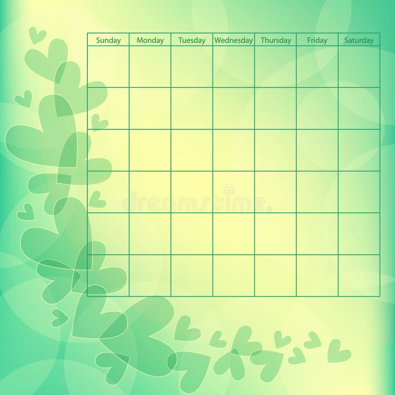 Green and Yellow Calendar Template with Hearts Stock Vector ...