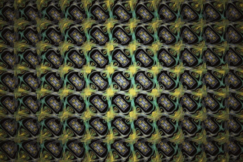 Green Yellow Checkered Pattern of Curved Waves and Shapes on a Black ...