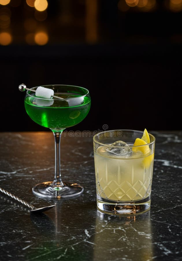 Green and Yellow Cocktails on Marble Bar Counter Stock Illustration ...