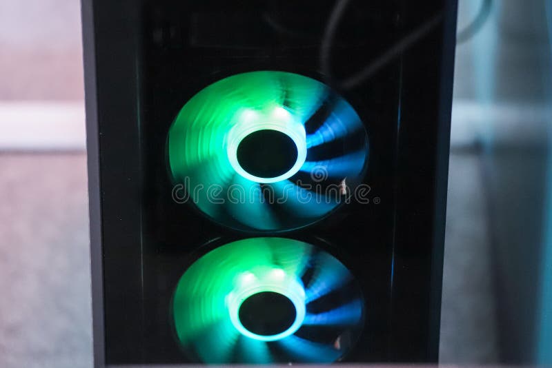 Green, Green and Yellow Illumination of the Cooler. Computer Fan with ...