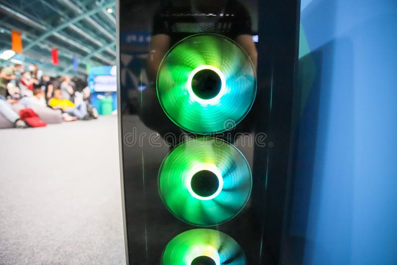 Green, Green and Yellow Illumination of the Cooler. Computer Fan with ...