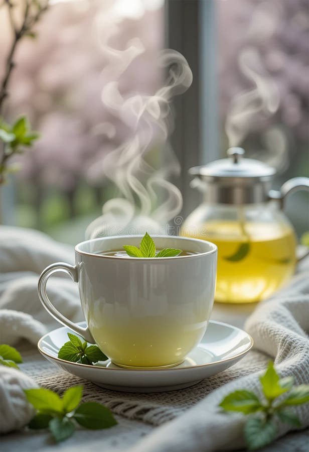 Green-yellow Infusion of Tea with Fresh Mint and Delicate Steam Stock ...