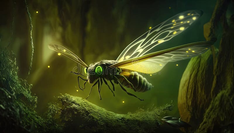A Green and Yellow Insect Flying through a Forest Filled with Trees ...