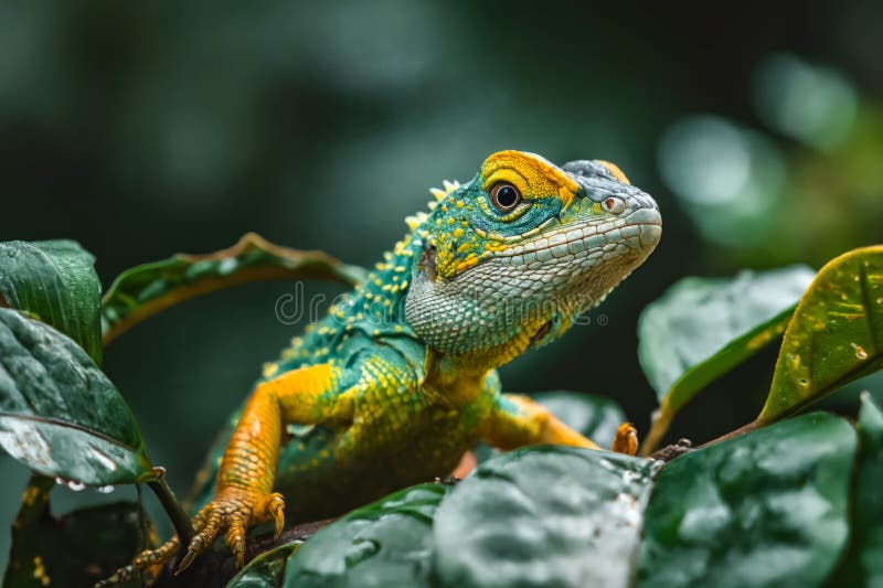 A Green and Yellow Lizard Sitting on Top of a Leaf. Generative AI Stock ...