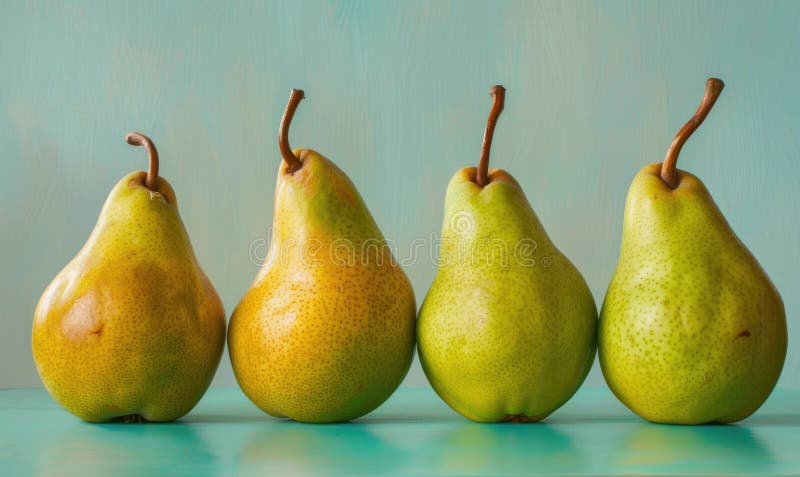 Green and Yellow Pears on a Light Blue Surface Stock Photo - Image of ...
