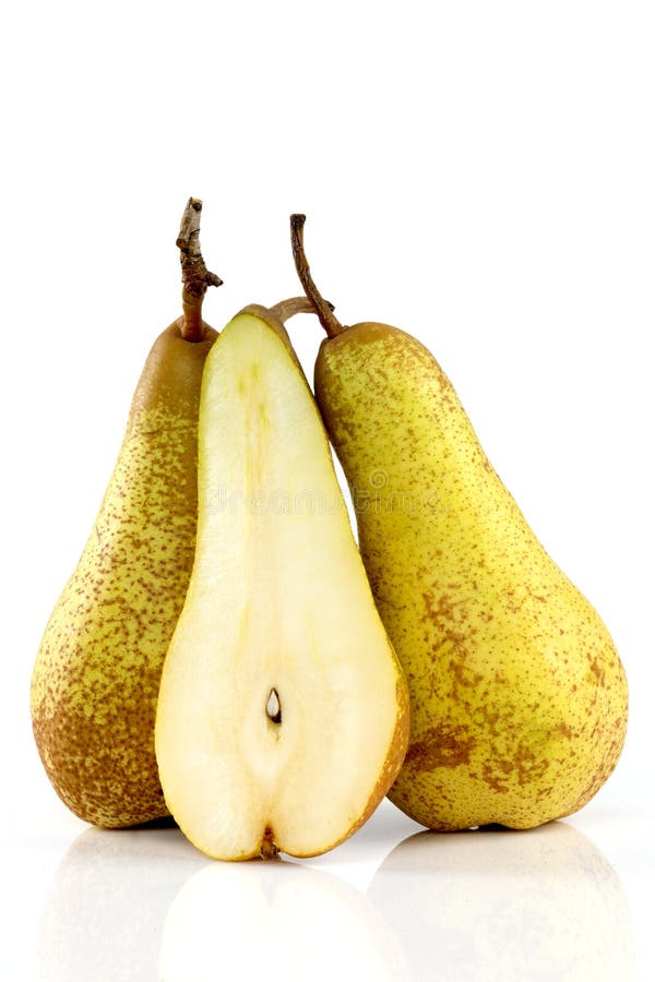 Green and Yellow Pears on White Stock Photo - Image of leaf, group ...