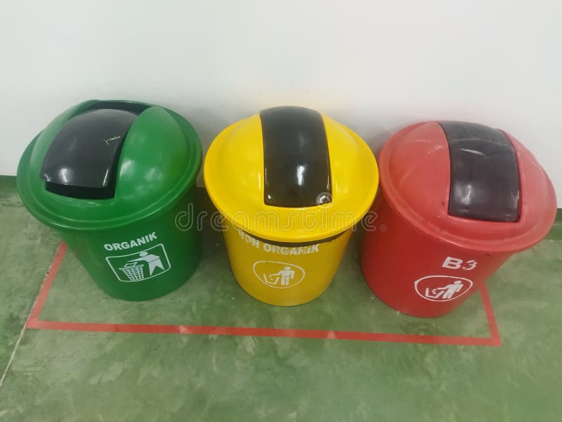 3 Green, Yellow, Red Trash Cans for 3 Different Types of Trash Stock ...