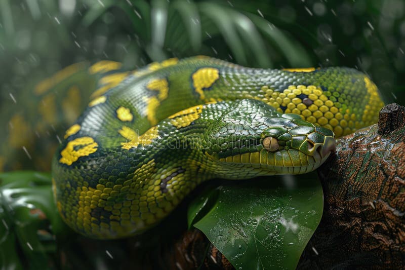 A Green and Yellow Snake Sits on a Tree Branch, Ready To Strike Stock ...