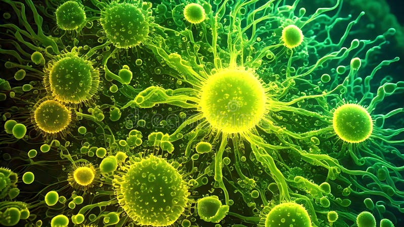 Green and Yellow Spherical Forms Resembling Microscopic Organisms with ...