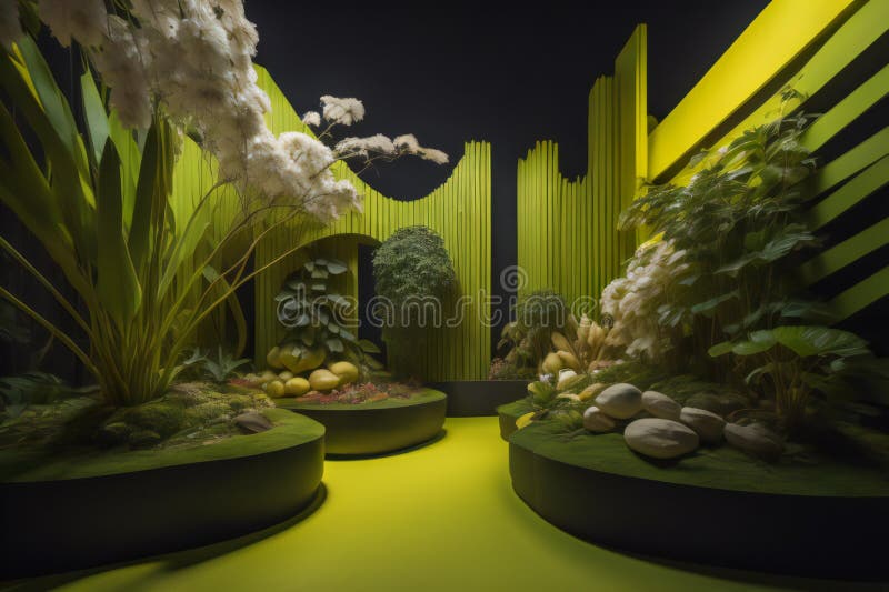 A Green and Yellow Stage with Plants and Stones. Ai Generated Stock ...