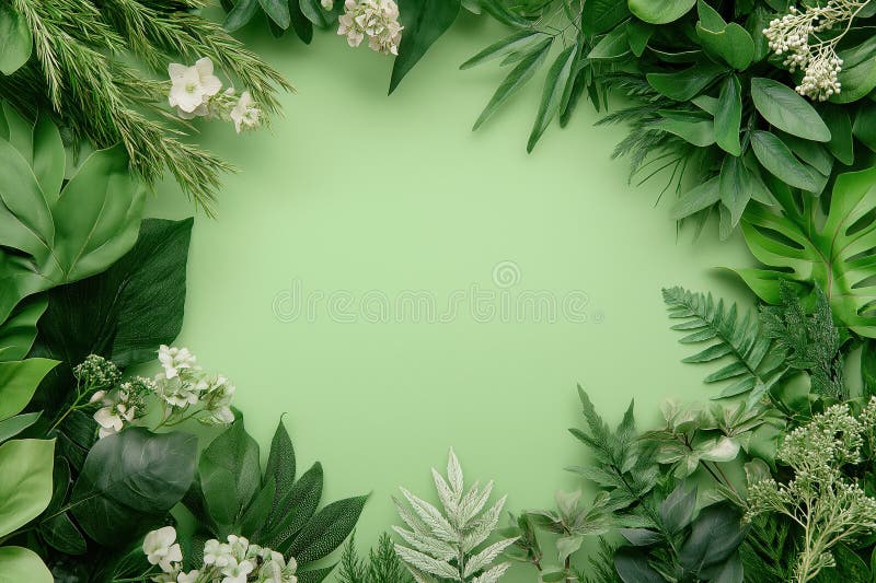 Greenery Border with Diverse Foliage on a Vibrant Green Background ...