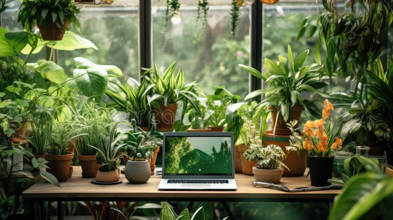 Greenery Computer with Plants Stock Illustration - Illustration of ...