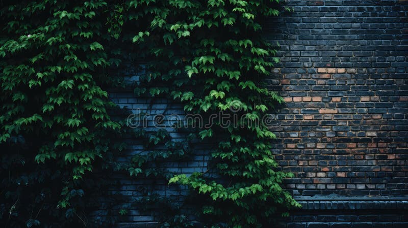 Greenery Dark Blue Brick Wall Stock Image - Image of foliage, scene ...