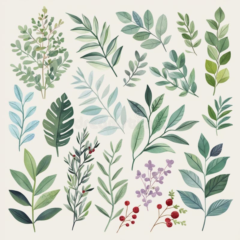 Greenery Elements. Leaves Branches Foliage Wedding Plants, Vintage ...