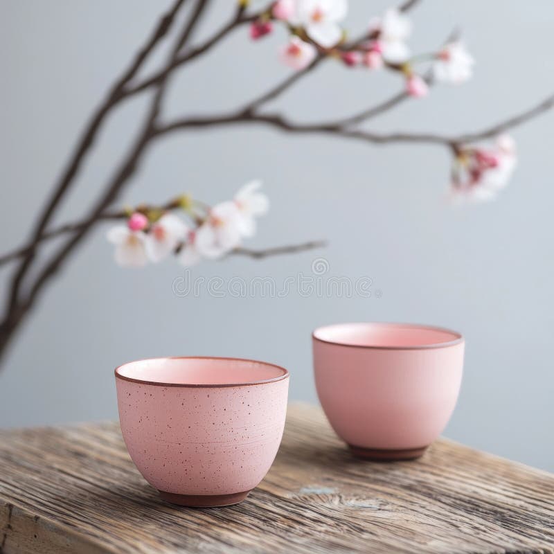 Greenery and Pink Flowers Displayed in Ceramic Containers. Stock Image ...