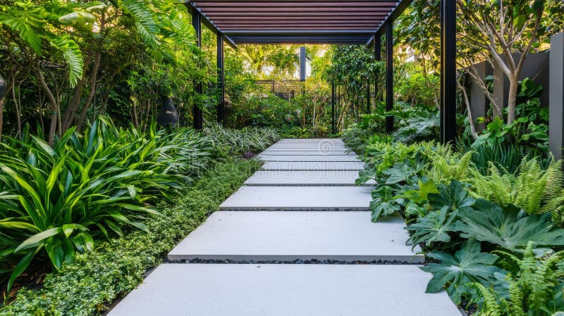 Greenery and Plants Surround a Modern Pathway Stock Image - Image of ...