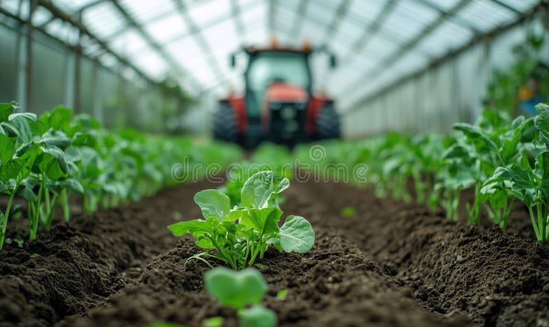 Greenhouse Farming with Tractor in Background and Healthy Vegetable ...
